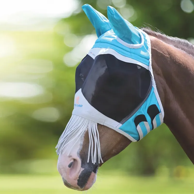 FlyGuard Pro Fine Mesh Fly Mask With Ears and Nose Fringe - Teal